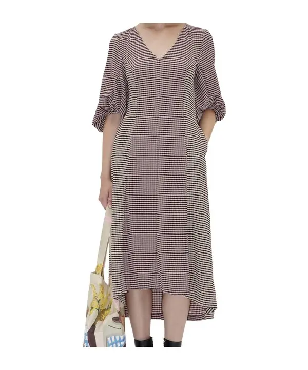 Stine Goya Three-quarter Sleeve Midi Dress With V-neck And Puff Sleeves