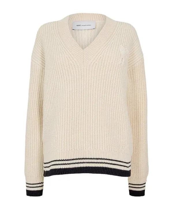 AMI Paris V-neck Knit Sweater With Ribbed Texture And Striped Cuffs