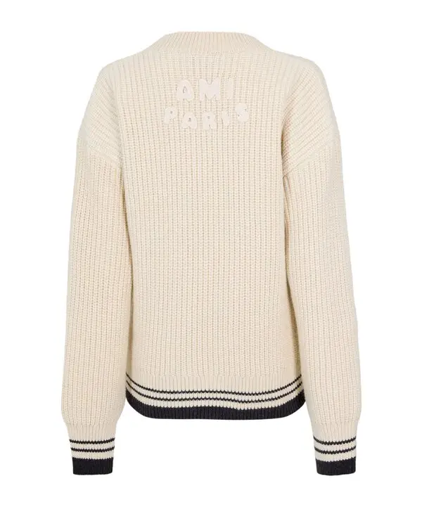 AMI Paris V-neck Knit Sweater With Ribbed Texture And Striped Cuffs