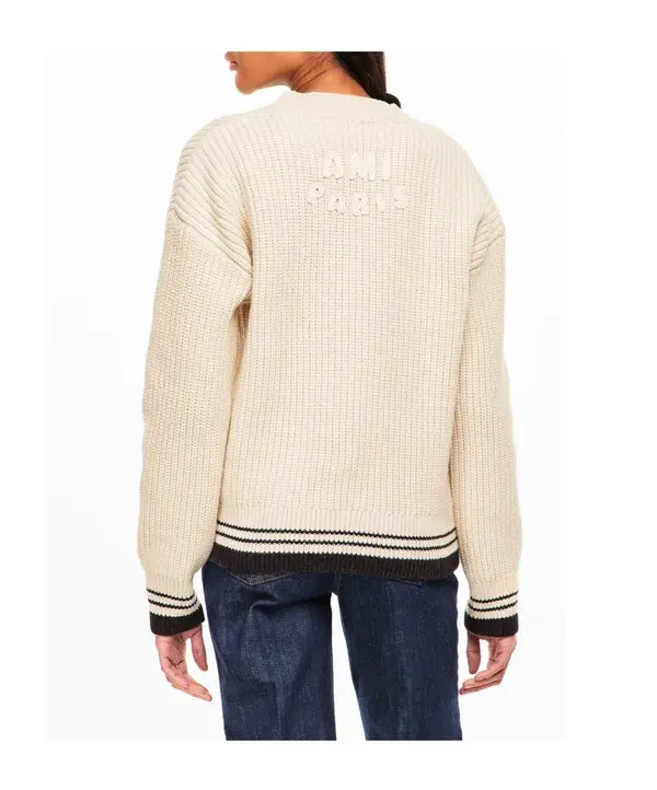 AMI Paris V-neck Knit Sweater With Ribbed Texture And Striped Cuffs
