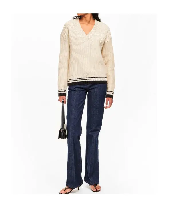 AMI Paris V-neck Knit Sweater With Ribbed Texture And Striped Cuffs