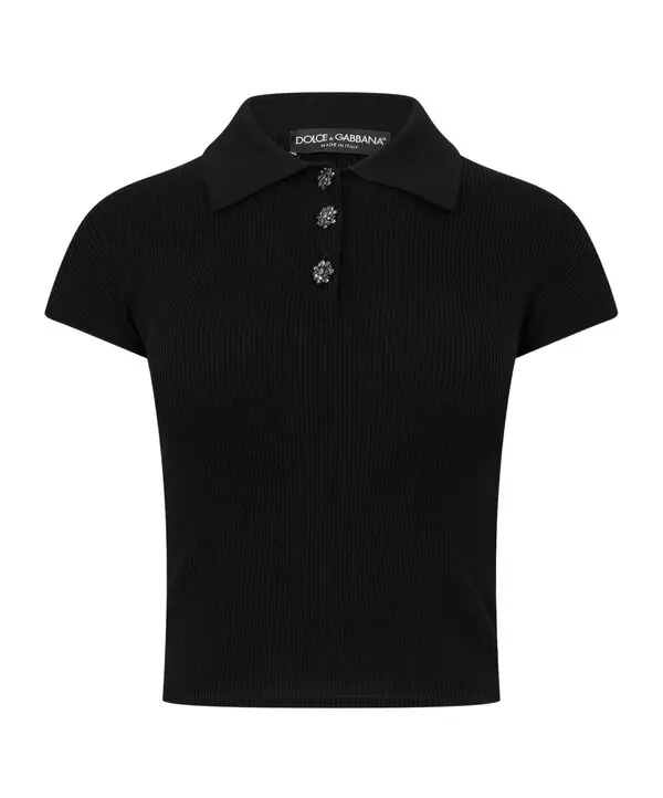 Dolce & Gabbana Ribbed Knit Cropped Polo Shirt With Crystal Buttons - Black