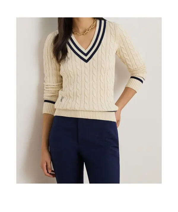 Ralph Lauren V-neck Cable Knit Sweater With Contrast Trim