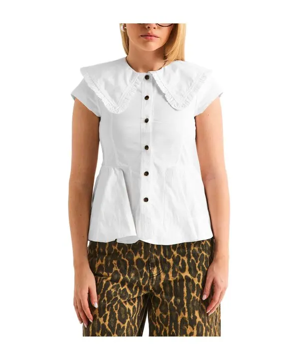 GANNI Round Neck Short-sleeve Blouse - White
