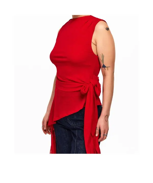 GANNI Sleeveless Draped Tie Shirt With Asymmetrical Hem - Red