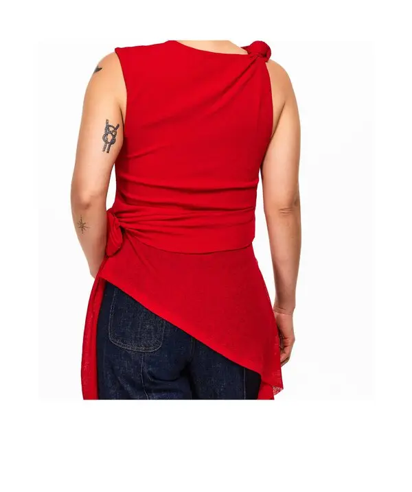 GANNI Sleeveless Draped Tie Shirt With Asymmetrical Hem - Red