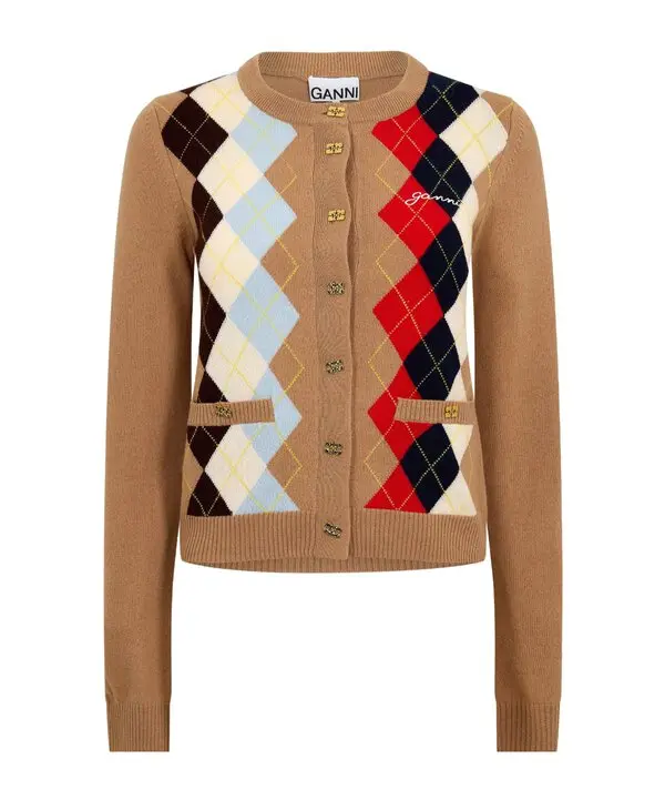 GANNI Argyle Knit Cardigan - Brown