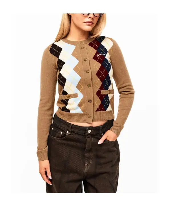 GANNI Argyle Knit Cardigan - Brown