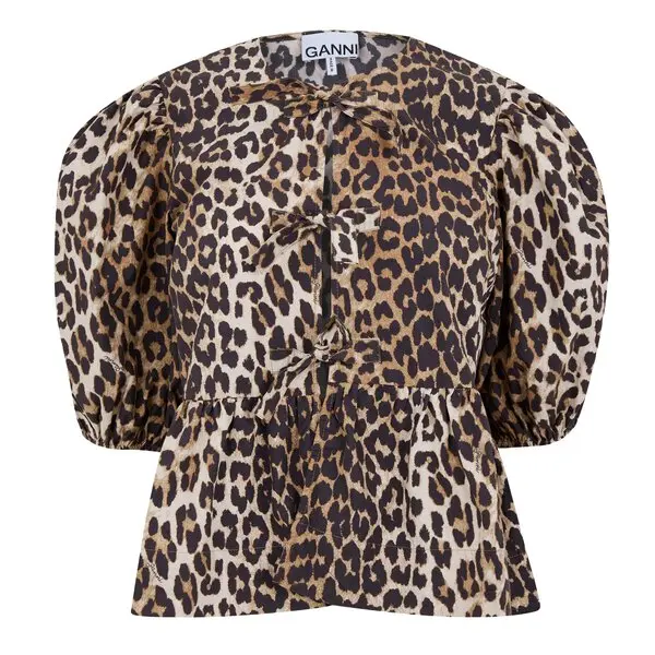 GANNI Cotton Poplin Peplum Tie Blouse Leopard Print - Black