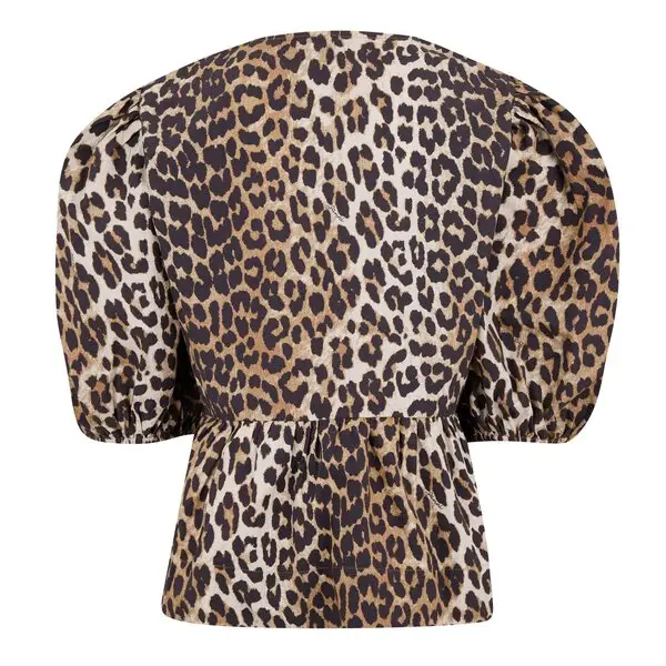 GANNI Cotton Poplin Peplum Tie Blouse Leopard Print - Black