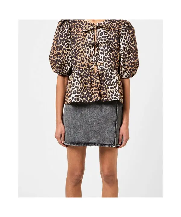GANNI Cotton Poplin Peplum Tie Blouse Leopard Print - Black