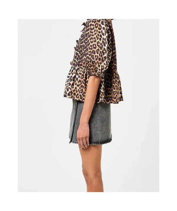 GANNI Cotton Poplin Peplum Tie Blouse Leopard Print - Black