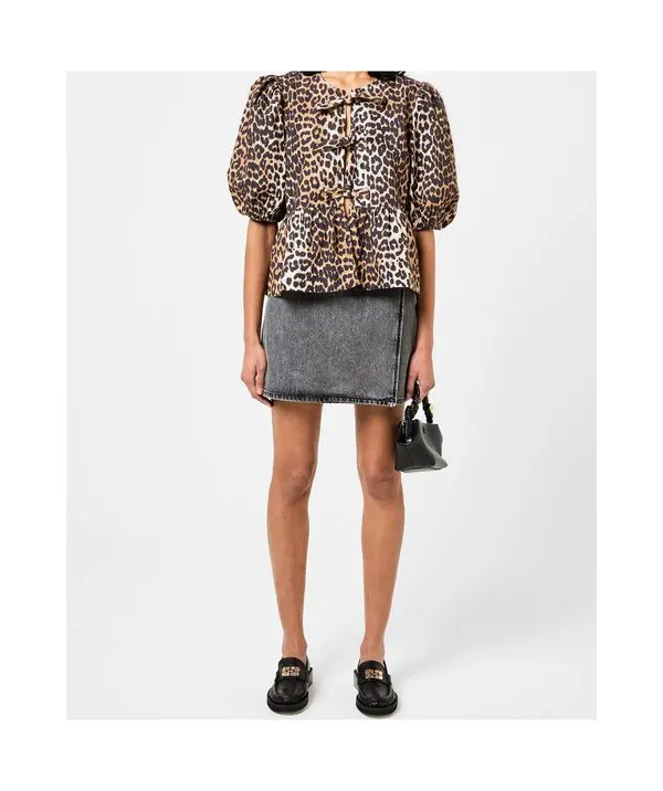 GANNI Cotton Poplin Peplum Tie Blouse Leopard Print - Black
