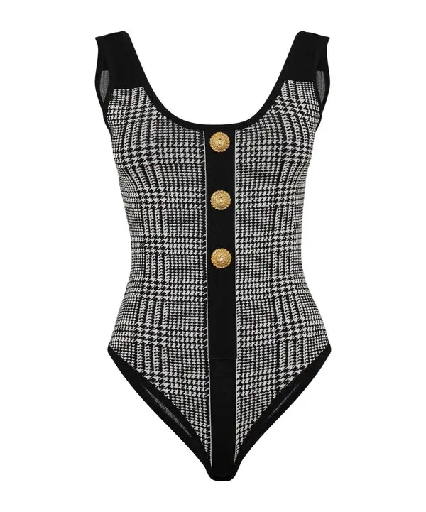 Balmain Sleeveless Houndstooth Jumpsuit With Goldtone Buttons
