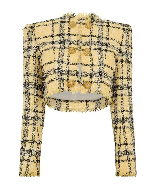 Balmain Cropped Check Tweed Jacket With Double-breasted Gold Buttons