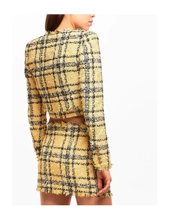 Balmain Cropped Check Tweed Jacket With Double-breasted Gold Buttons
