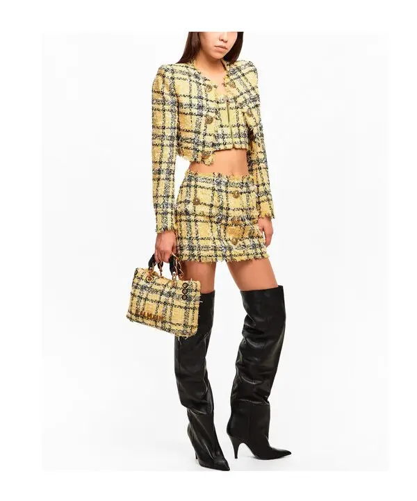 Balmain Cropped Check Tweed Jacket With Double-breasted Gold Buttons