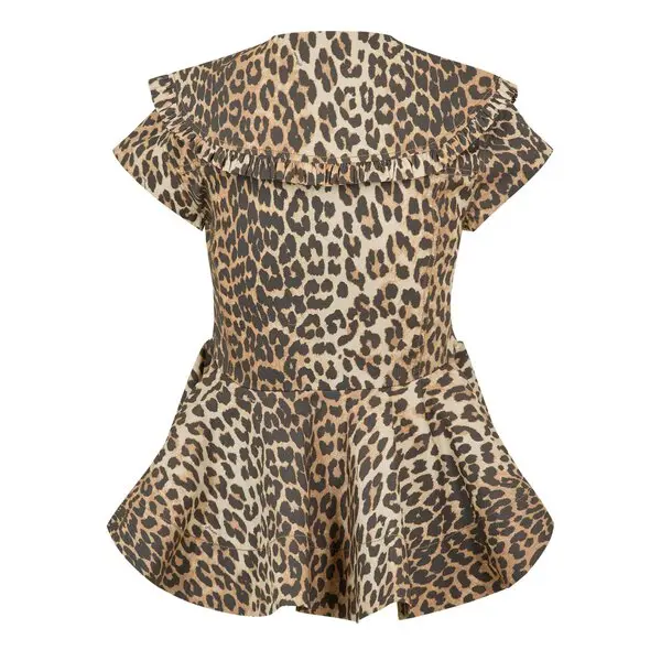 GANNI Leopard Print Short Sleeve Peplum Blouse