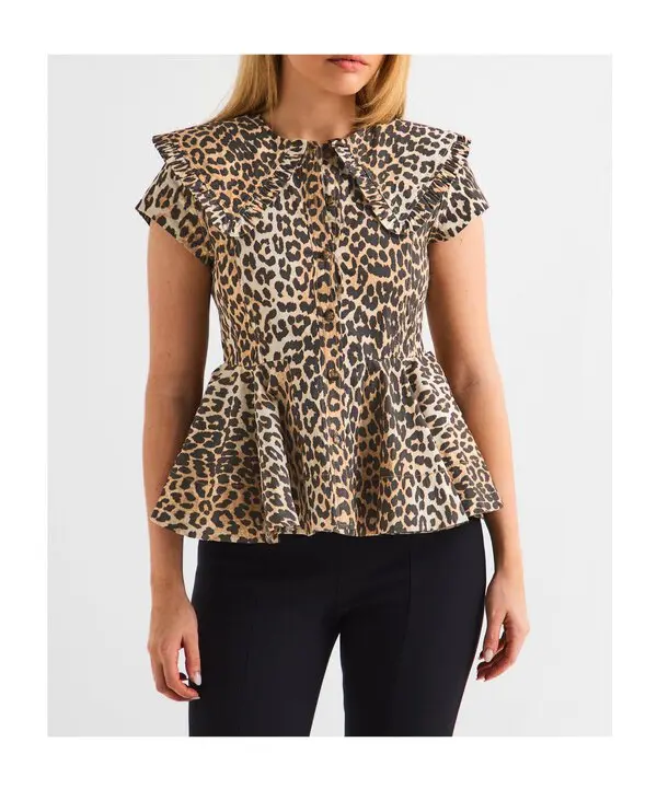 GANNI Leopard Print Short Sleeve Peplum Blouse