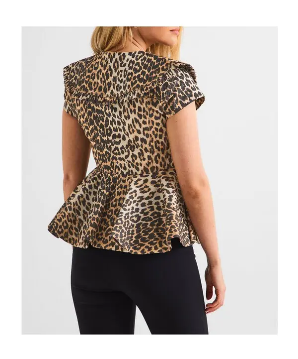 GANNI Leopard Print Short Sleeve Peplum Blouse