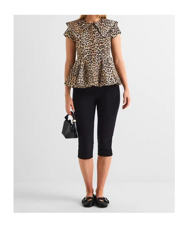GANNI Leopard Print Short Sleeve Peplum Blouse
