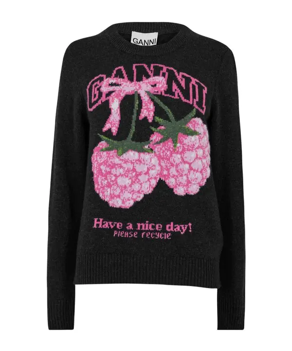 GANNI Crew Neck Long Sleeve Jumper With Graphic Detail - Black