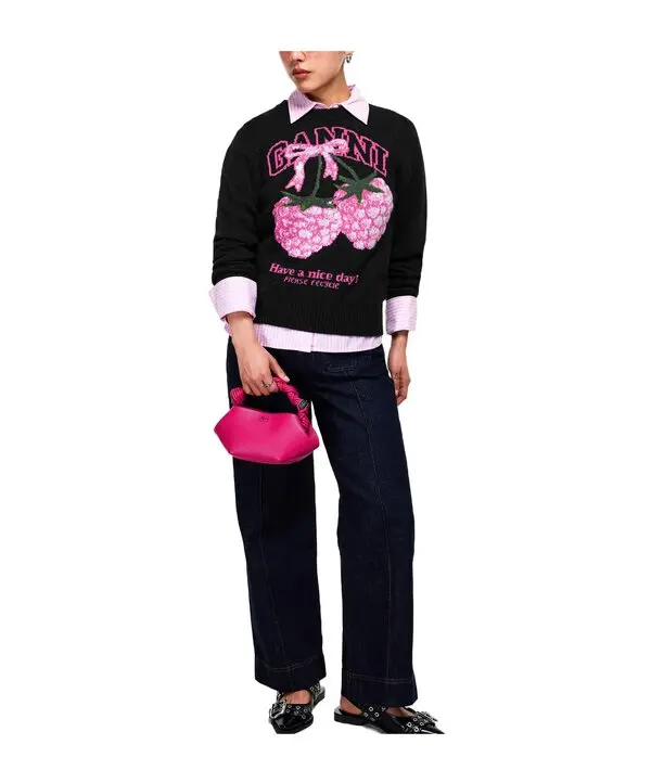 GANNI Crew Neck Long Sleeve Jumper With Graphic Detail - Black
