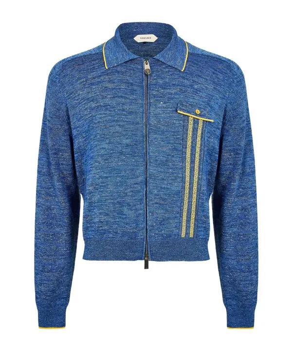 Versace Zip-up Knitted Top With Greca Motif - Blue