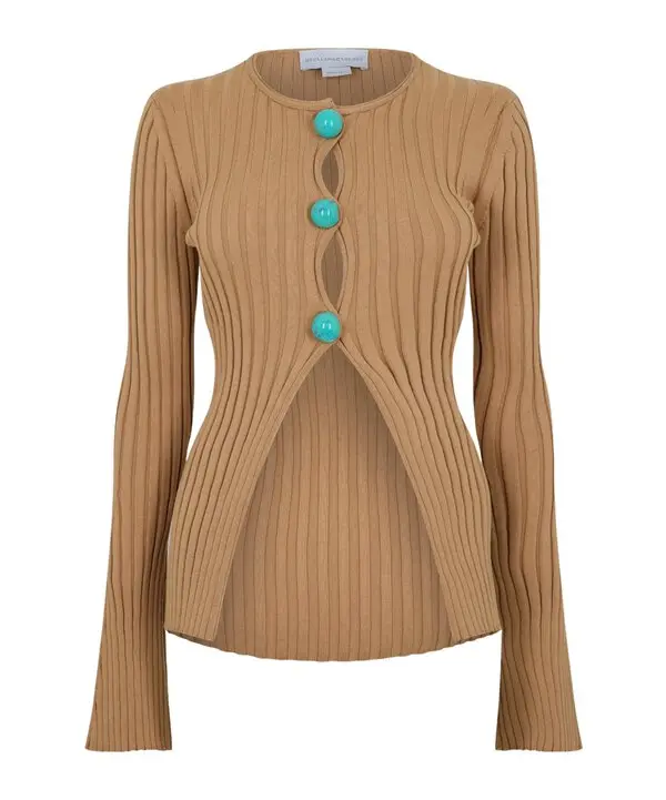 Stella McCartney Ribbed Knit Cardigan With Turquoise Button Detail - Brown