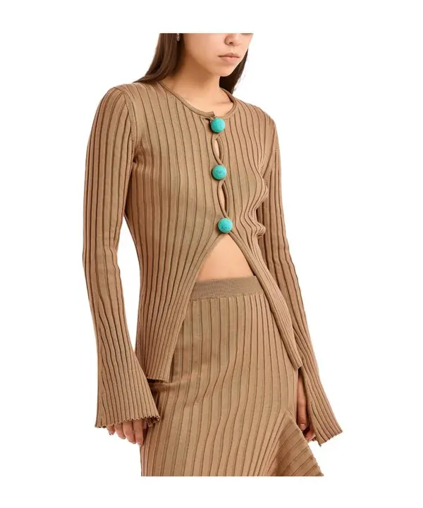 Stella McCartney Ribbed Knit Cardigan With Turquoise Button Detail - Brown