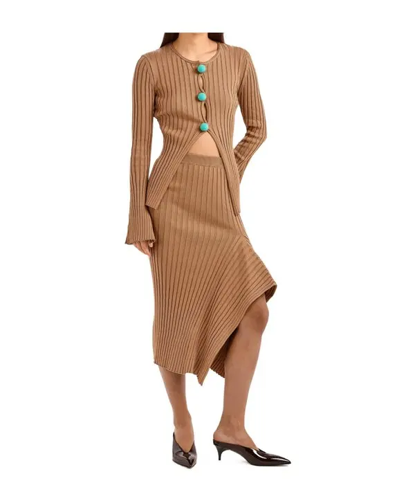 Stella McCartney Ribbed Knit Cardigan With Turquoise Button Detail - Brown