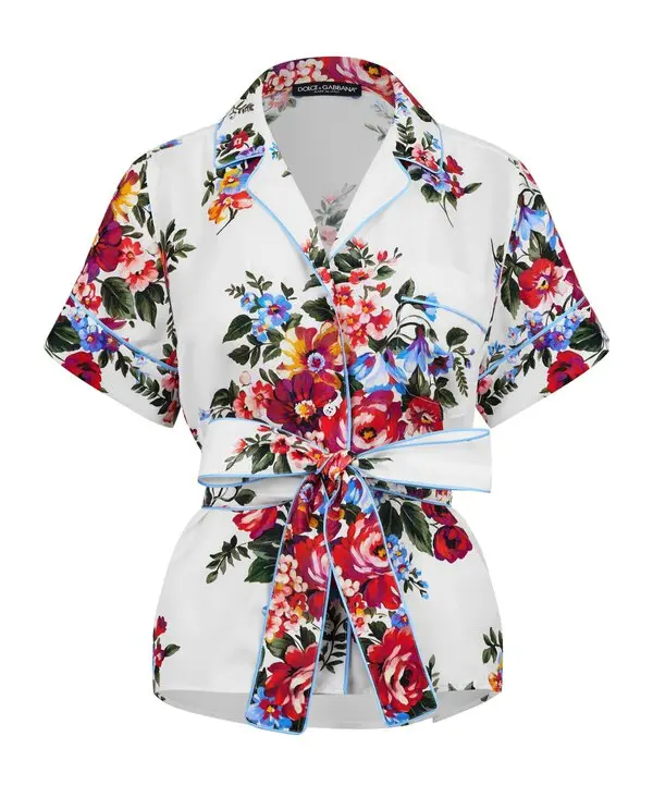 Dolce & Gabbana Floral Print Short-sleeve Shirt With Notched Collar And Tie Waist - White