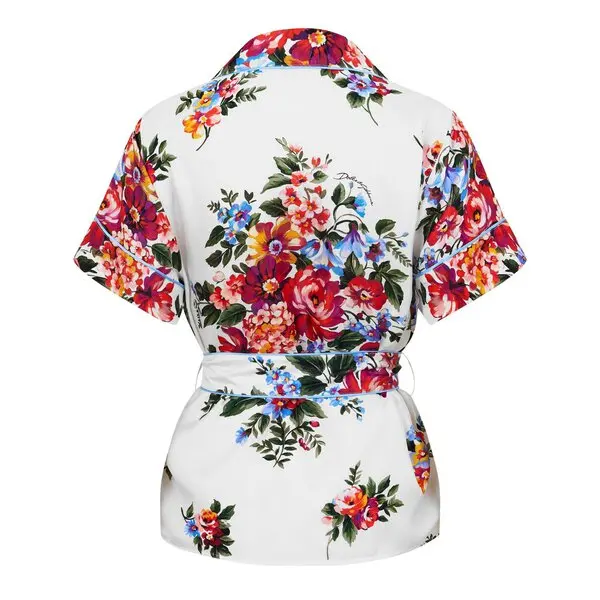 Dolce & Gabbana Floral Print Short-sleeve Shirt With Notched Collar And Tie Waist