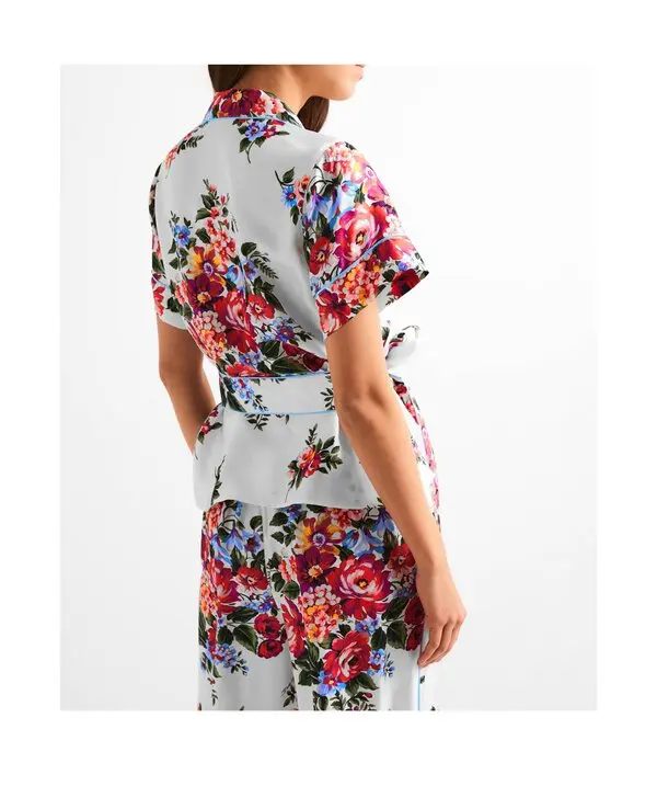 Dolce & Gabbana Floral Print Short-sleeve Shirt With Notched Collar And Tie Waist