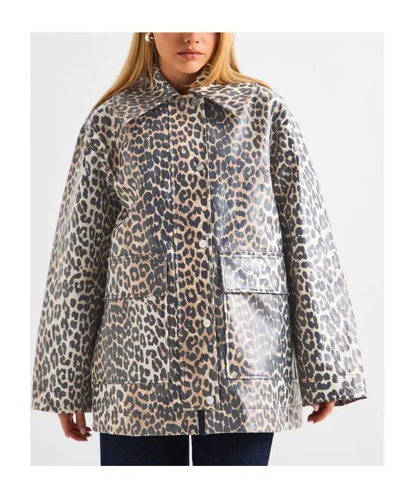 GANNI Shiny Trench Coat With Animal Print