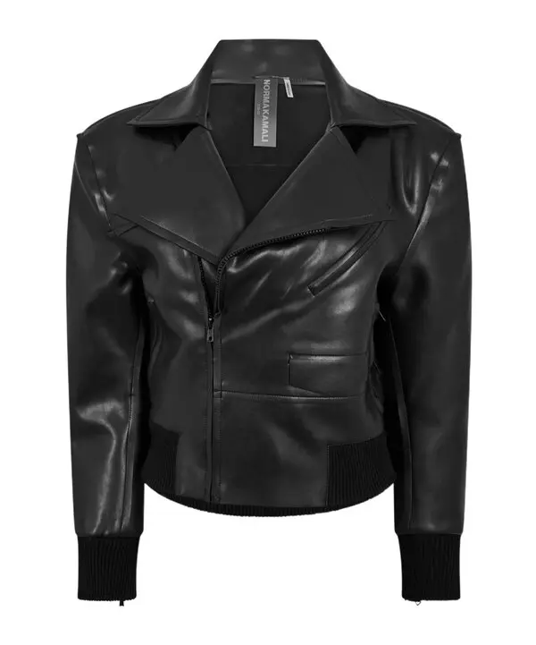 Norma Kamali Logo Leather Moto Bomber Jacket