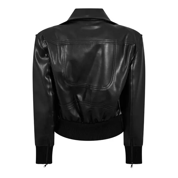 Norma Kamali Logo Leather Moto Bomber Jacket