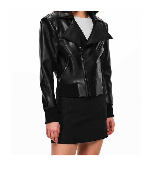 Norma Kamali Logo Leather Moto Bomber Jacket