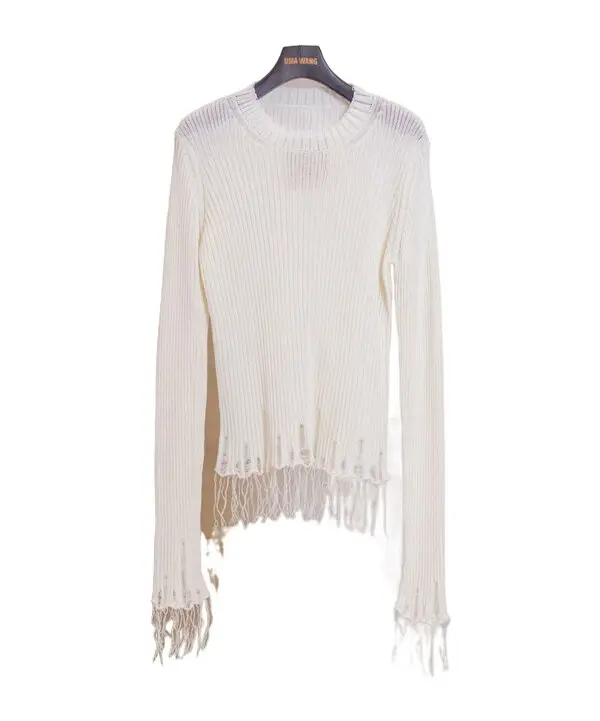 UMA WANG Ribbed Knit Long Sleeve Top With Distressed Fringe - White