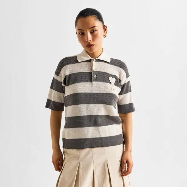AMI Paris Striped Knit Polo Shirt