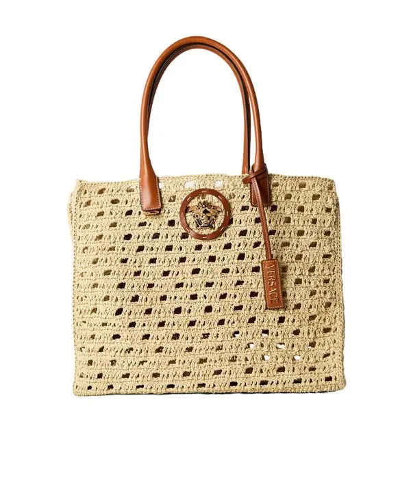 Versace Woven Raffia Tote Bag With Gold Tone Medusa Detail - Nude