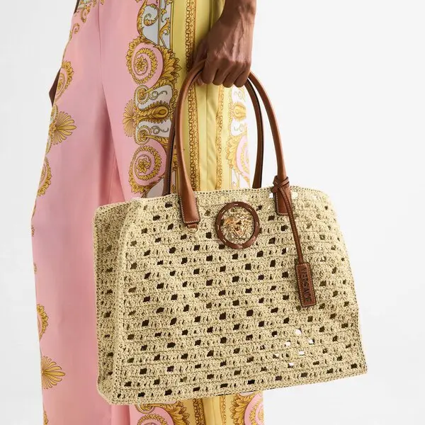 Versace Woven Raffia Tote Bag With Gold Tone Medusa Detail - Nude