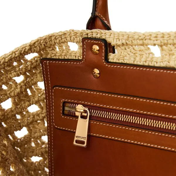Versace Woven Raffia Tote Bag With Gold Tone Medusa Detail - Nude