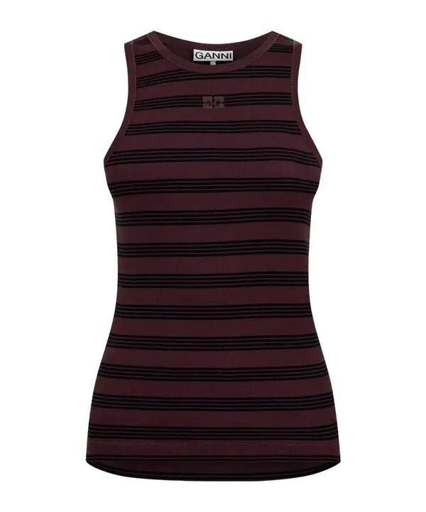 GANNI Striped Cotton Racerback Tank - Black