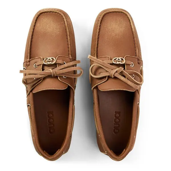 Gucci Leather Lace-up Boat Shoes - Brown