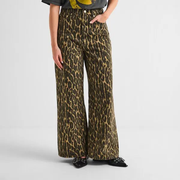 GANNI Printed Denim Wide Leg Jeans