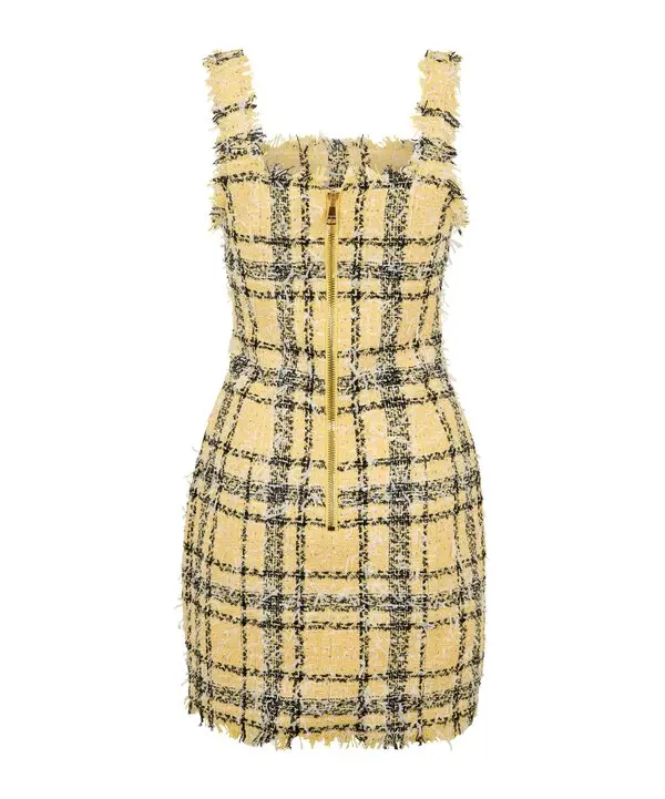 Balmain Tweed Check Strapless Mini Dress