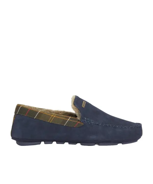 Barbour Checked Plaid Trim Suede Slippers - Black