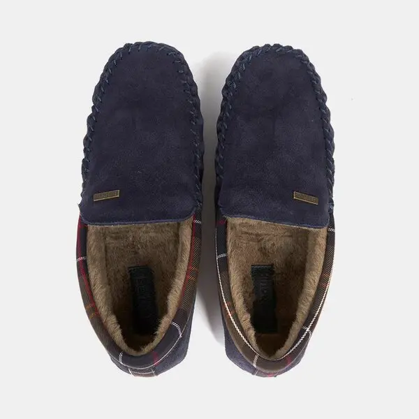 Barbour Checked Plaid Trim Suede Slippers - Black