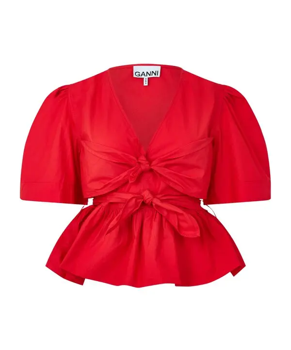 GANNI Poplin Bow Short Sleeve Blouse